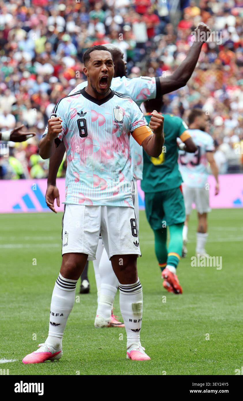 Belgium's Youri Tielemans celebrates after scoring during a soccer game ...