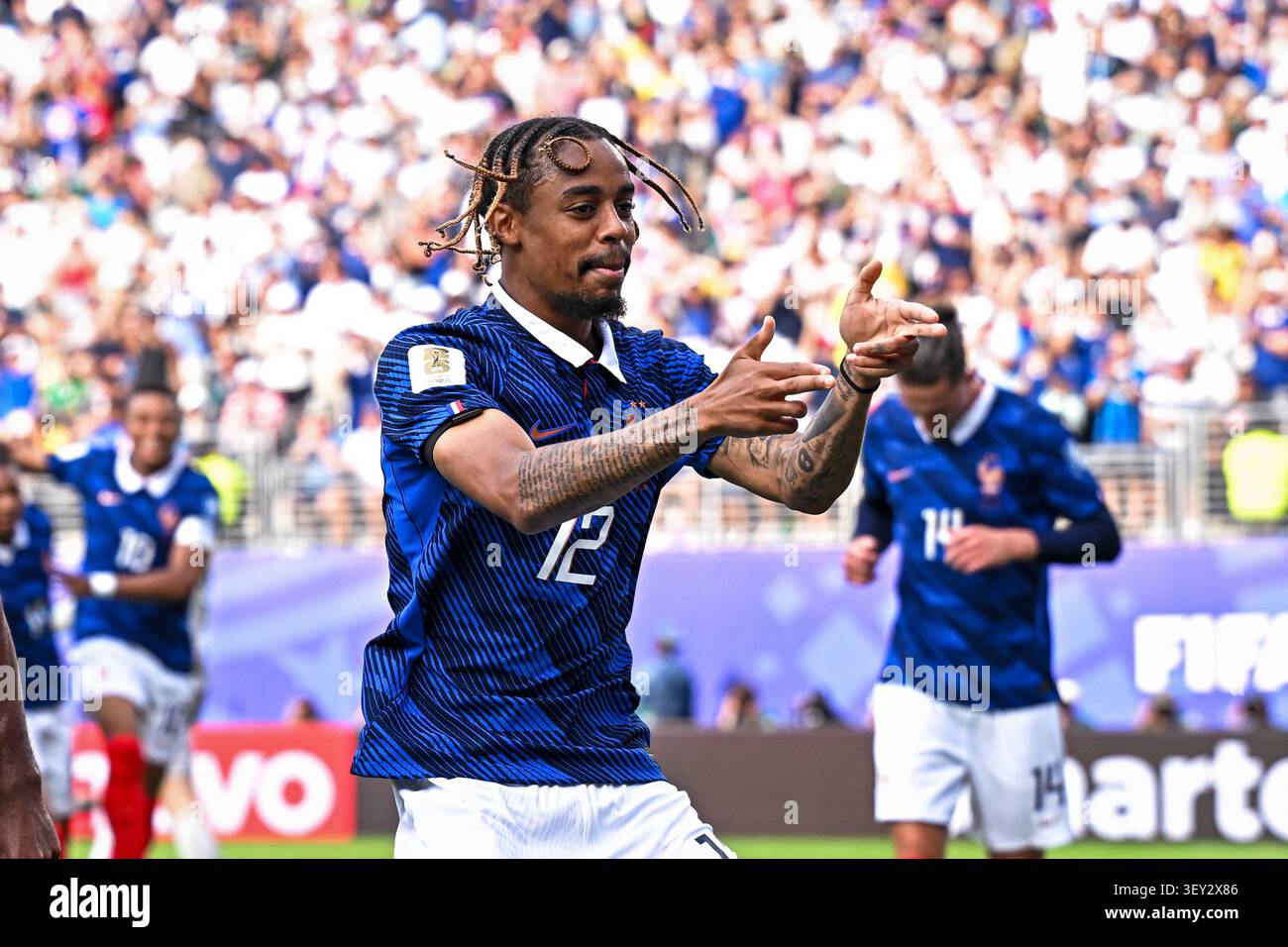 France's Bradley BARCOLA celebrates his goal during the FIFA World Cup ...