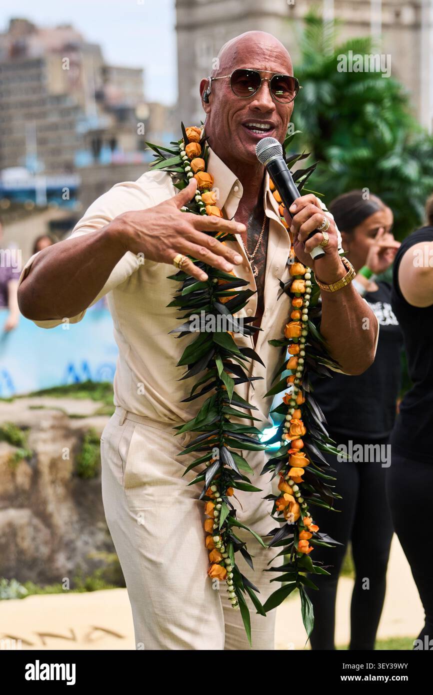 Dwayne Johnson performs at the "Moana Experience" in London, Tuesday ...