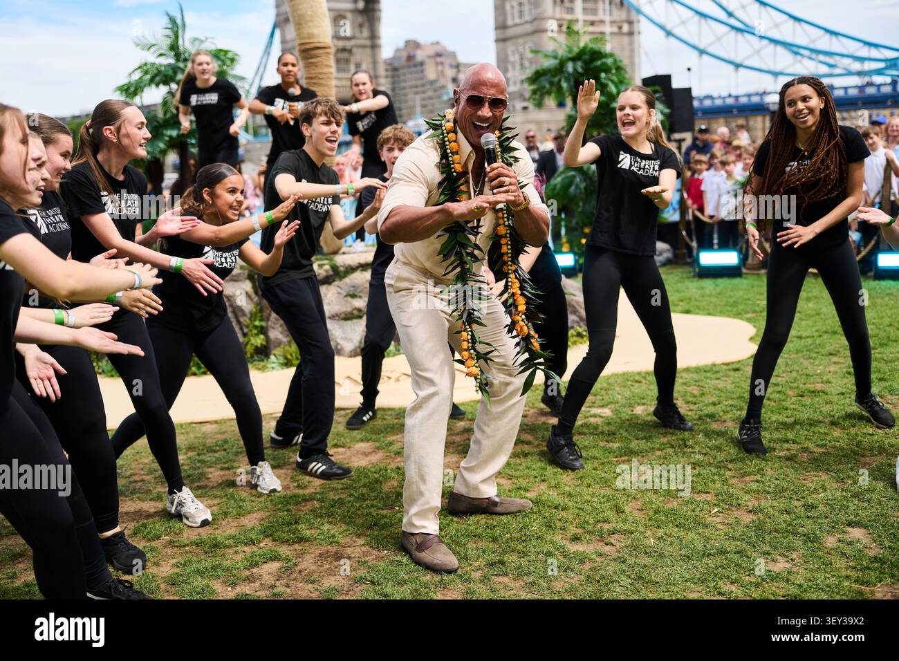 Dwayne Johnson performs at the "Moana Experience" in London, Tuesday ...