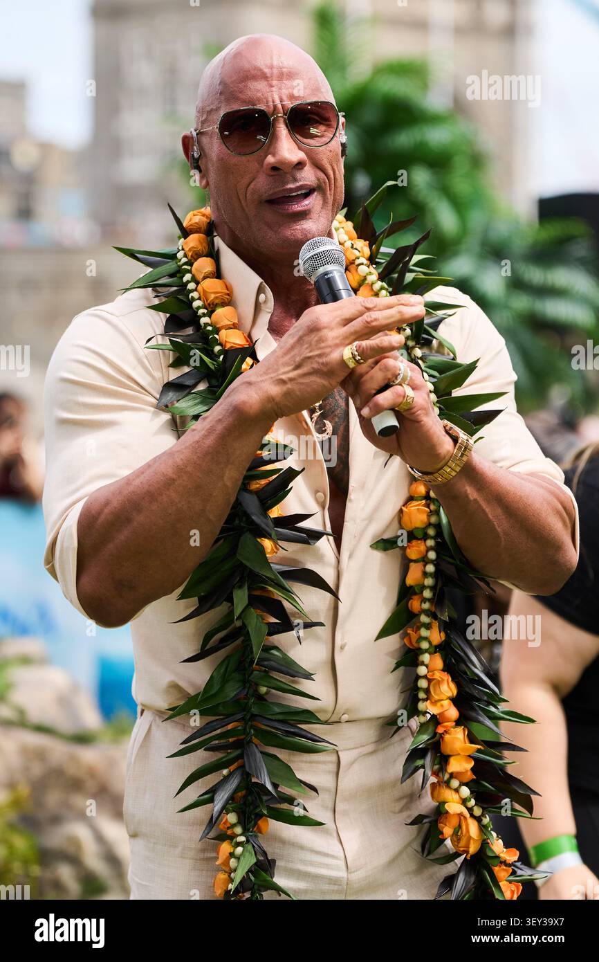 Dwayne Johnson performs at the "Moana Experience" in London, Tuesday ...
