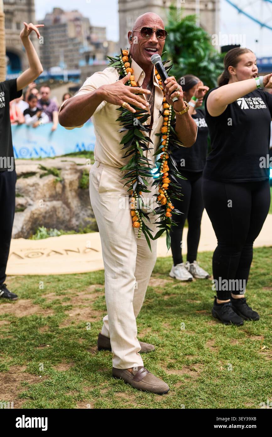 Dwayne Johnson performs at the "Moana Experience" in London, Tuesday ...