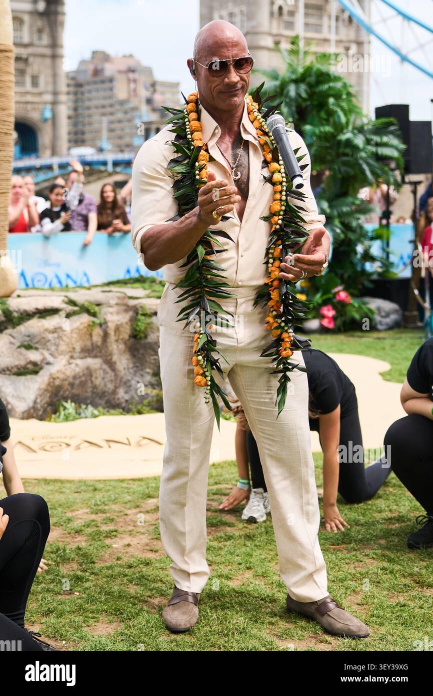 Dwayne Johnson performs at the "Moana Experience" in London, Tuesday ...