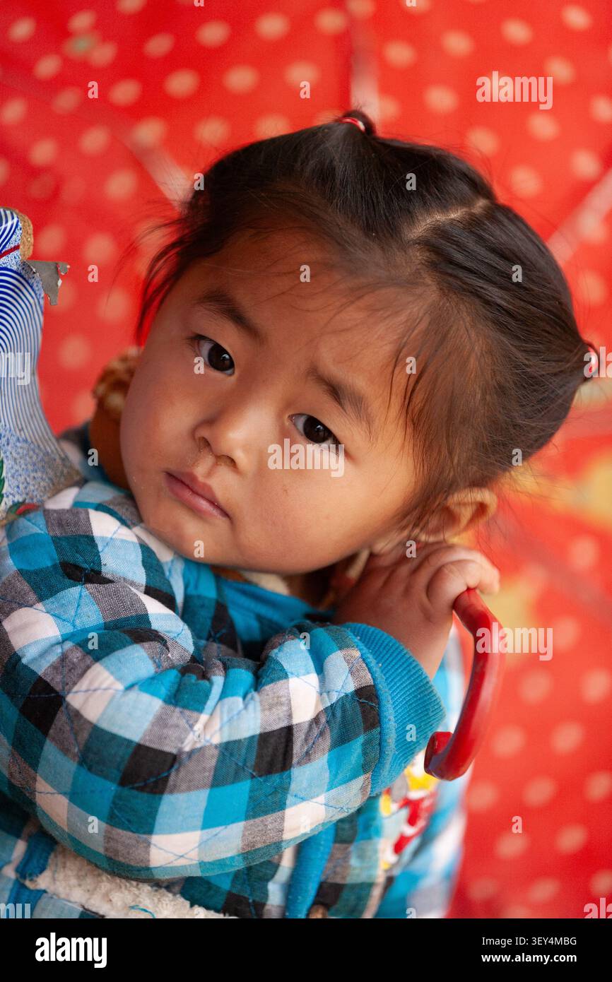 Phongsaly, Laos - FEBRUARY 25, 2012: A young Laotian girl holds an ...