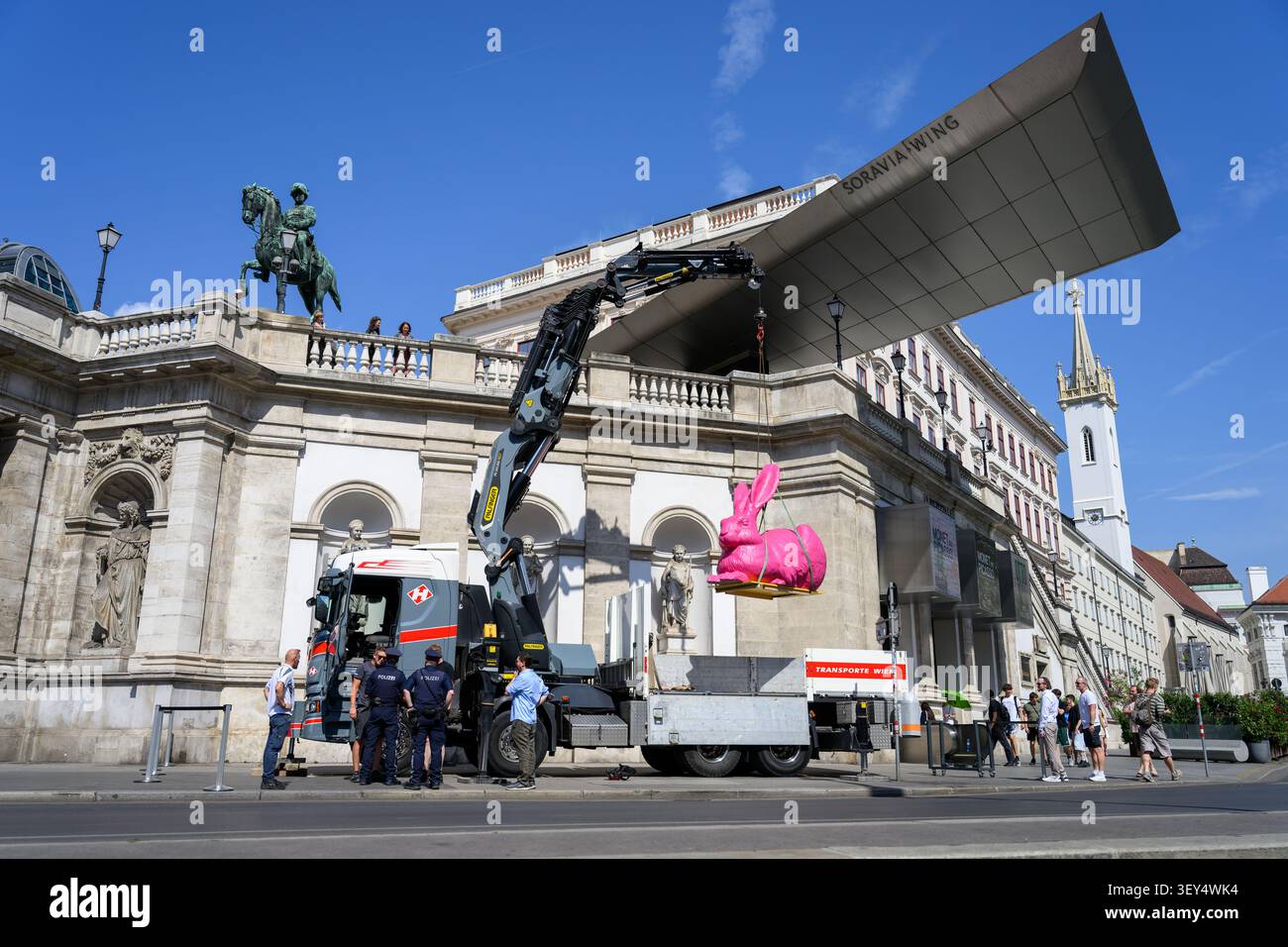 The installation of an oversized sculpture of Dürer’s hare by crane on ...