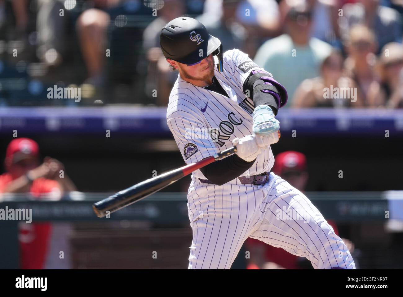 Colorado Rockies' Hunter Goodman connects for a two-run home run off ...