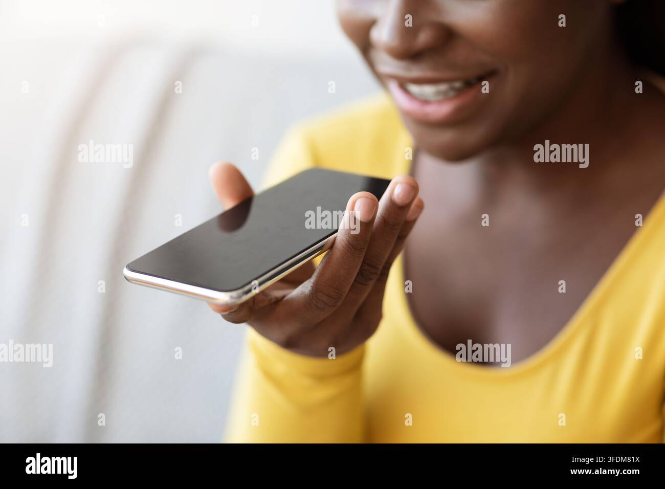 Voice Message. Cheerful Black Lady Using Smartphone Sending Audio ...