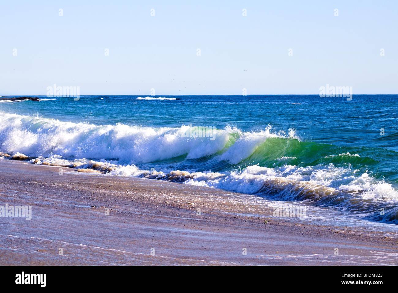 Ocean wave crashes onto sandy beach. Clear blue water meets golden ...