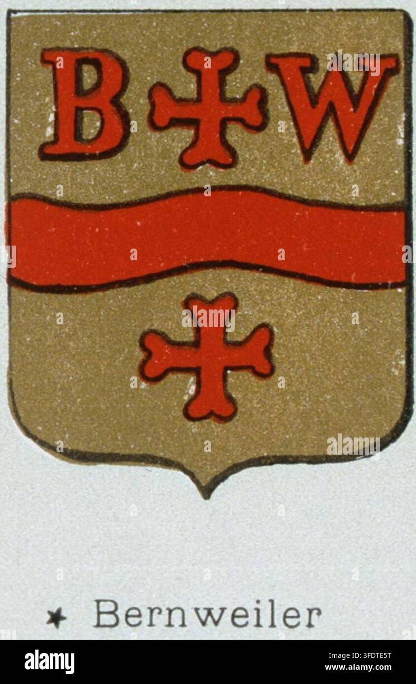 A shield-shaped emblem for Bernwiller, featuring a tan background with ...