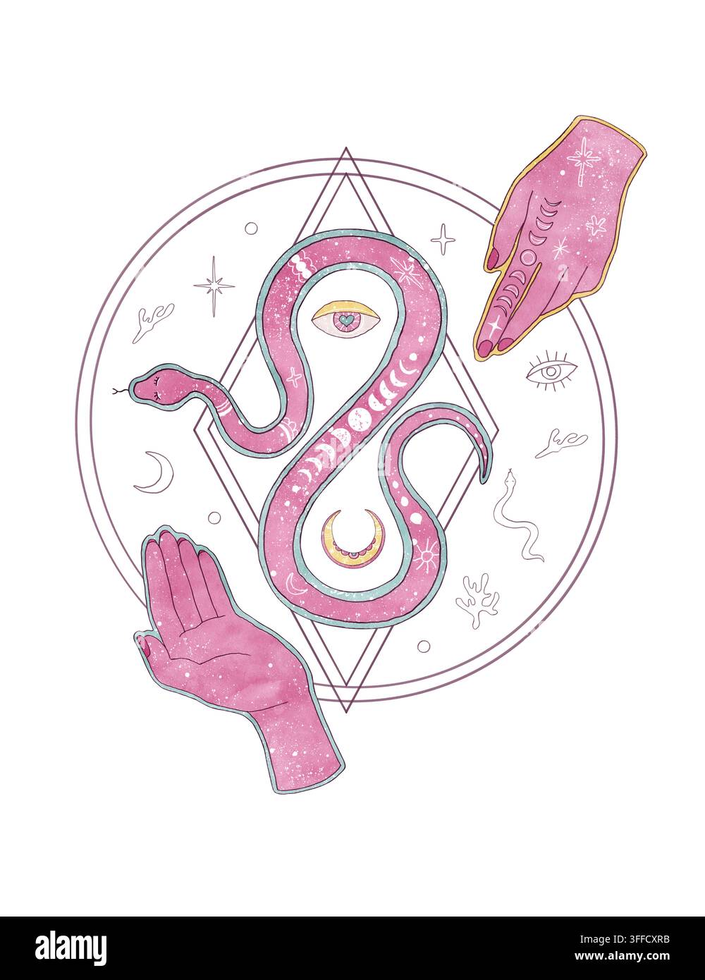 Watercolor esoteric illustration pink magic snake, mystical hands in ...