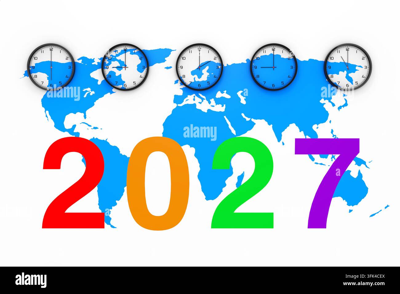 Set of Clocks with Different World Time, Blue World Map and New 2027 ...