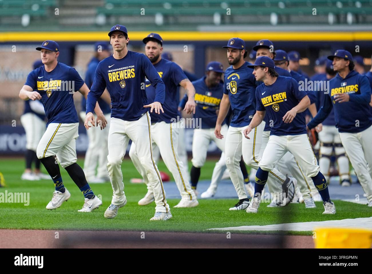 Milwaukee Brewers player warm up prior to Game 1 of baseball's National ...