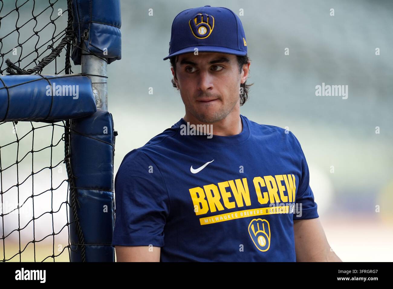 Milwaukee Brewers right fielder Sal Frelick warns up prior to Game 1 of ...