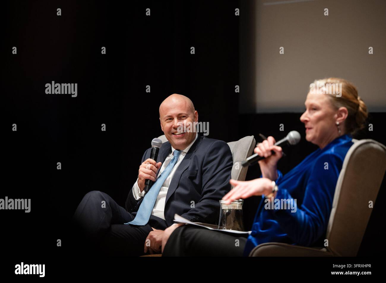 Josh Frydenberg talks with Leigh Sales at the launch of his ...