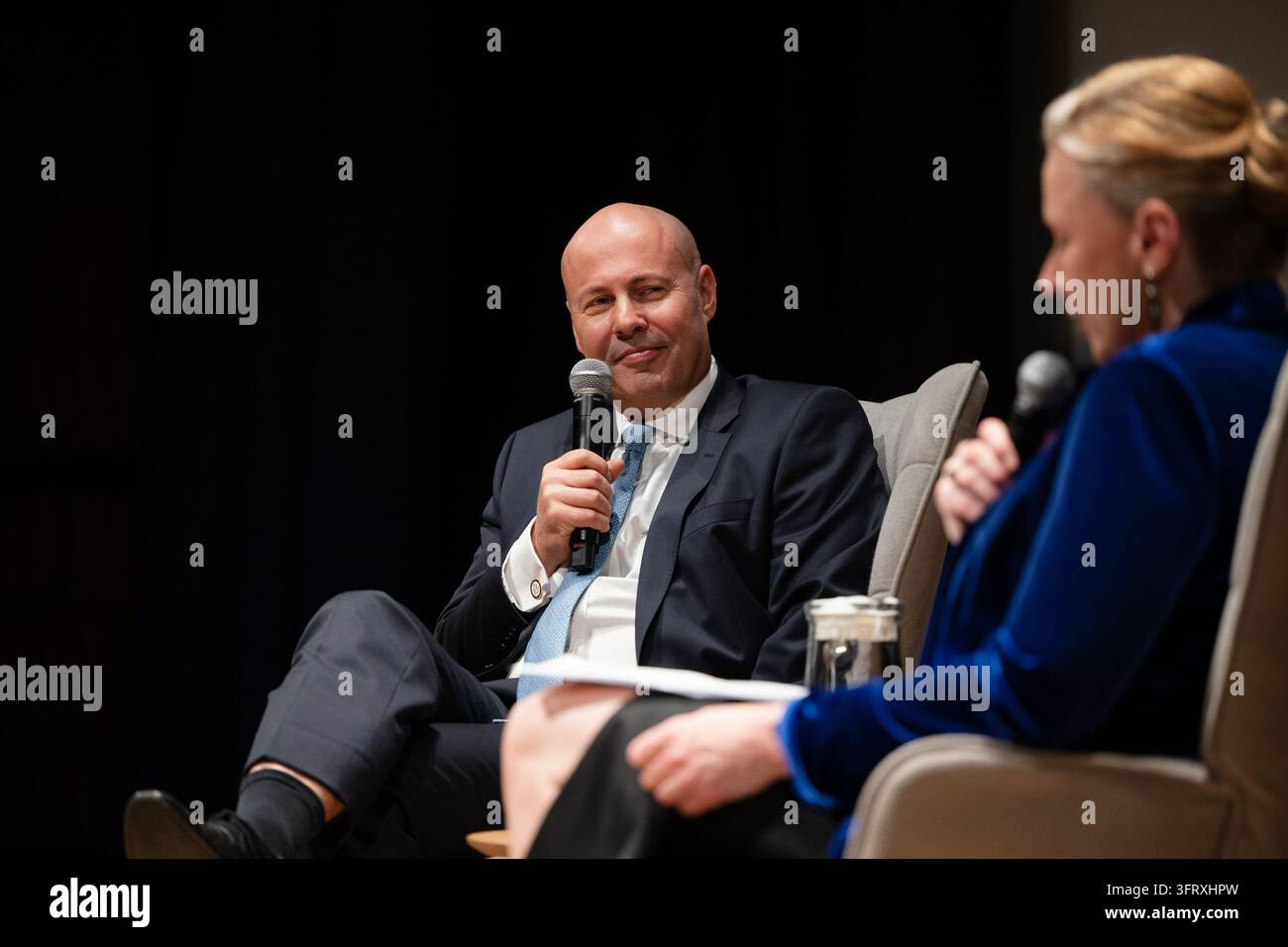 Josh Frydenberg talks with Leigh Sales at the launch of his ...