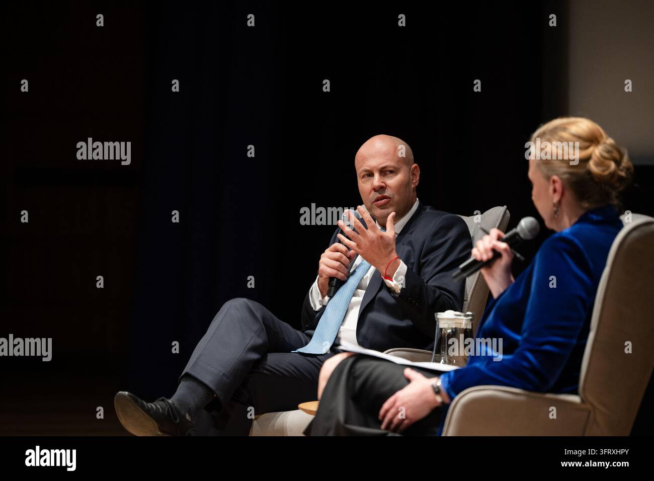 Josh Frydenberg talks with Leigh Sales at the launch of his ...