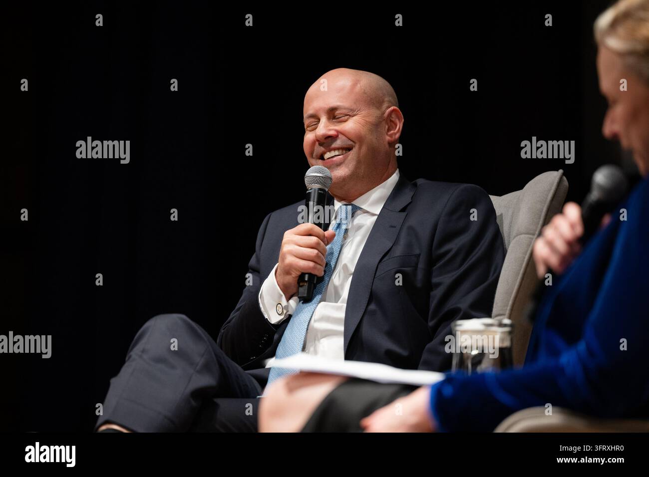 Josh Frydenberg talks with Leigh Sales at the launch of his ...