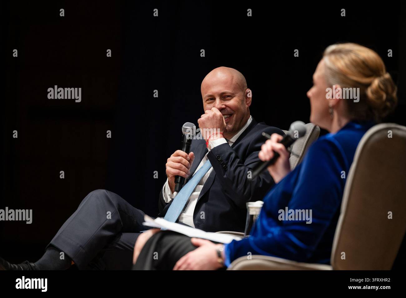 Josh Frydenberg talks with Leigh Sales at the launch of his ...