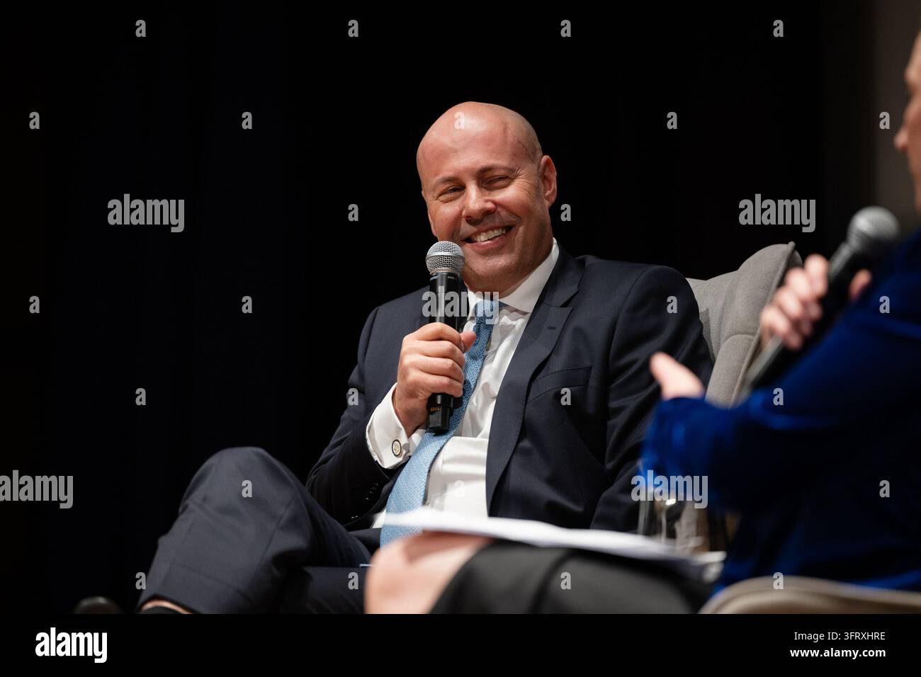 Josh Frydenberg talks with Leigh Sales at the launch of his ...