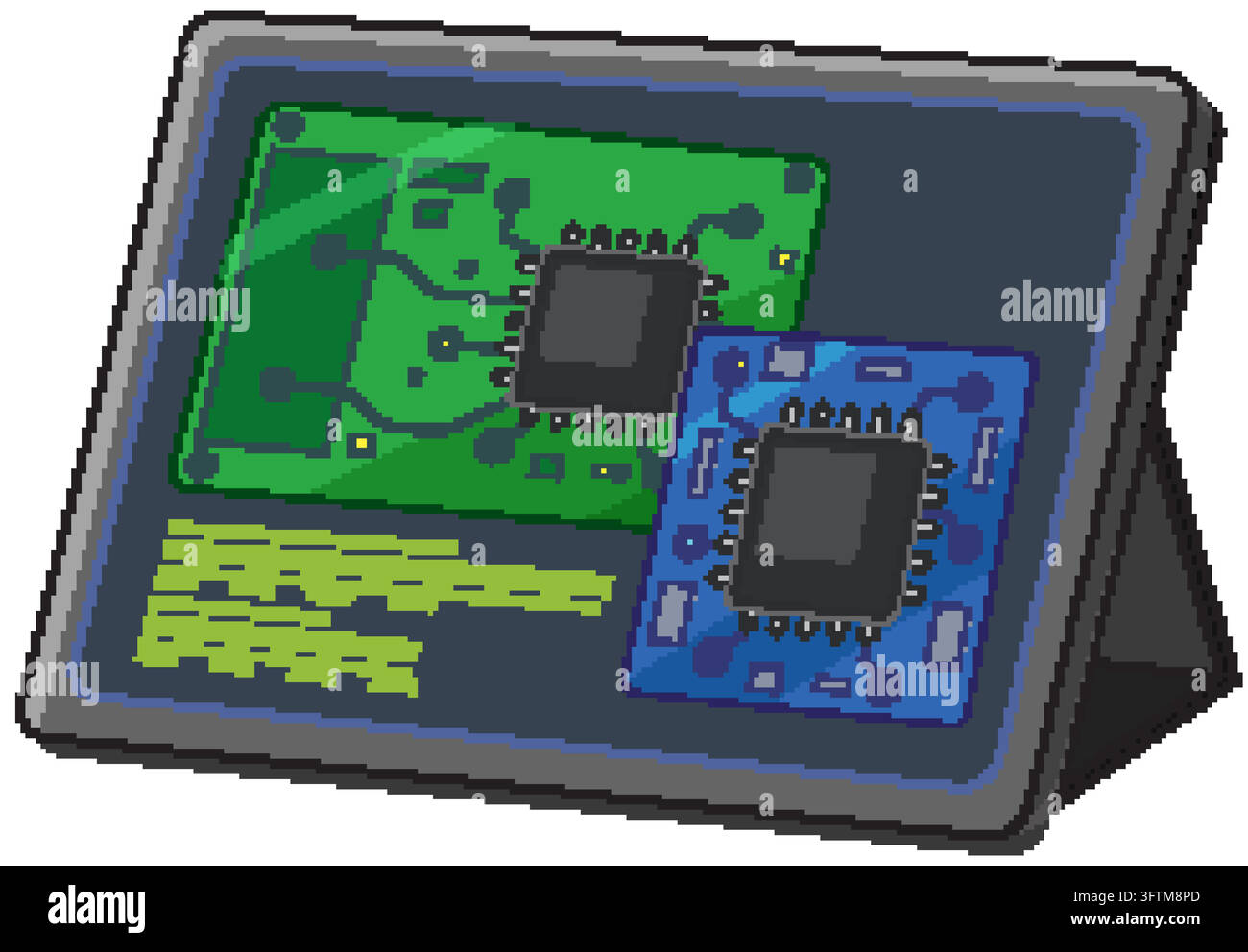 Vector illustration of a tablet screen showing green and blue ...