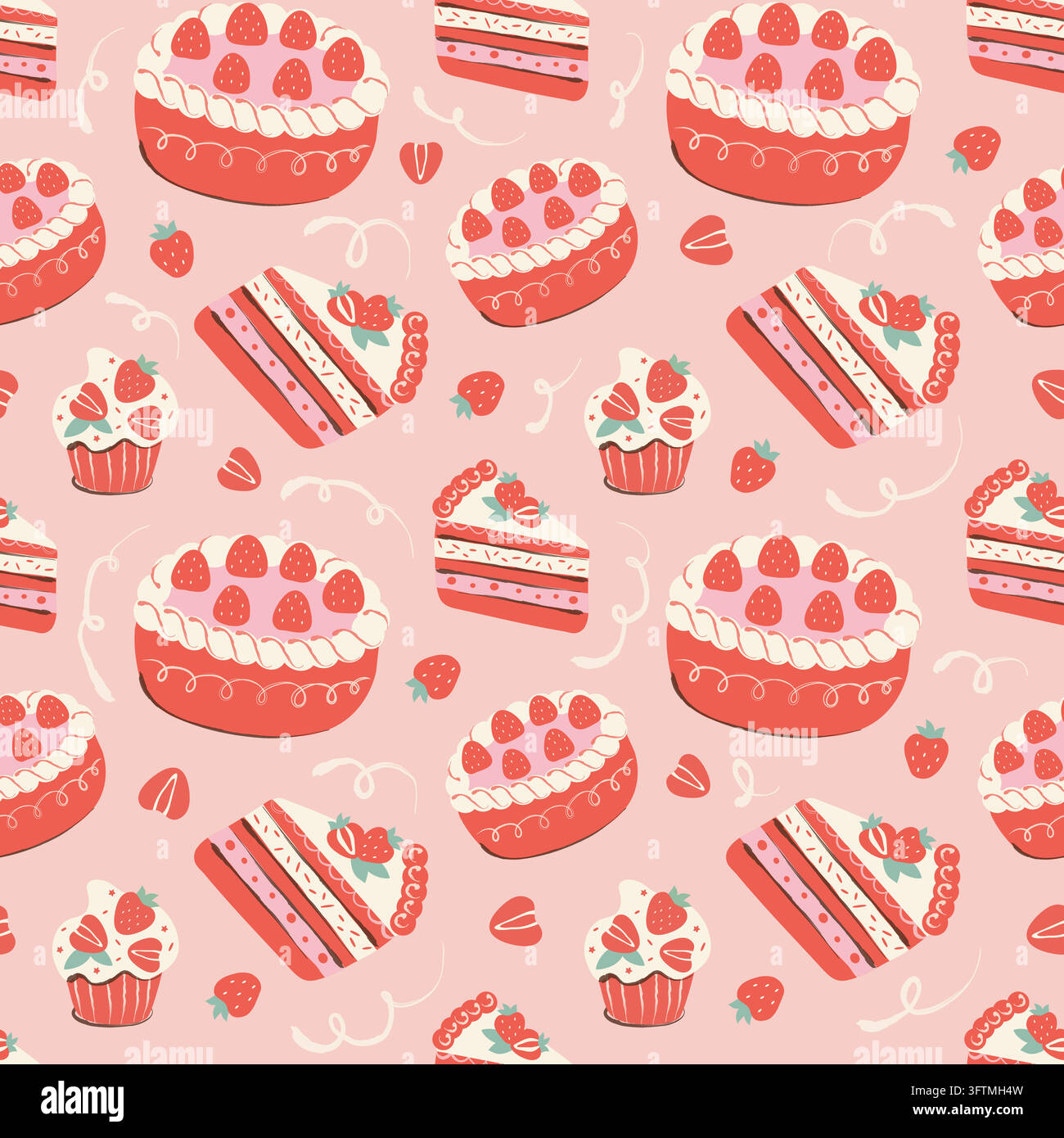 Seamless pattern with cute cakes and strawberry desserts. Festive ...