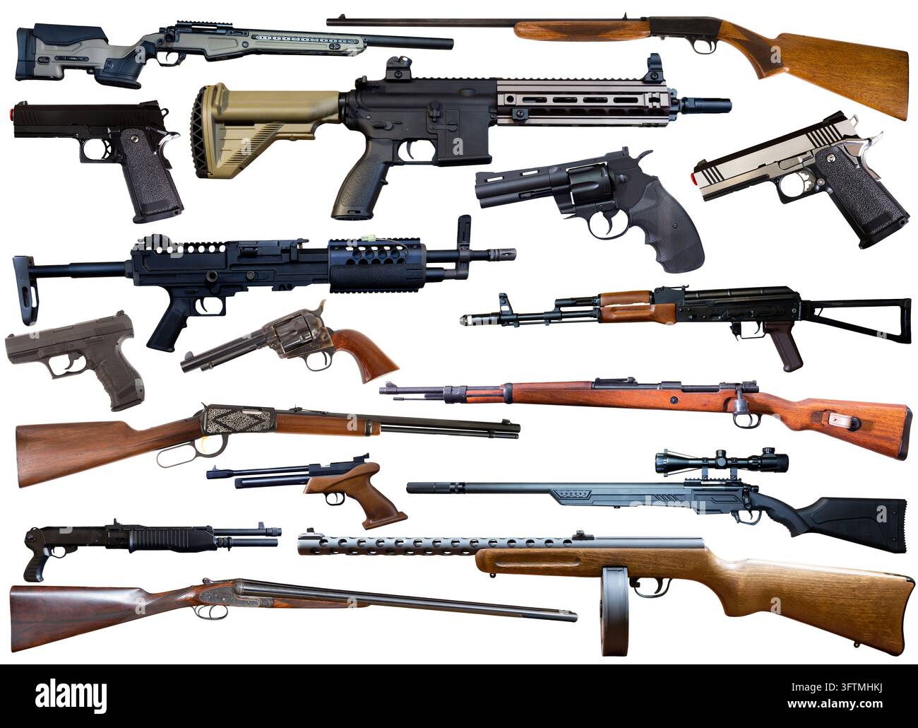 Various weapons isolated over white background. Firearms collection ...