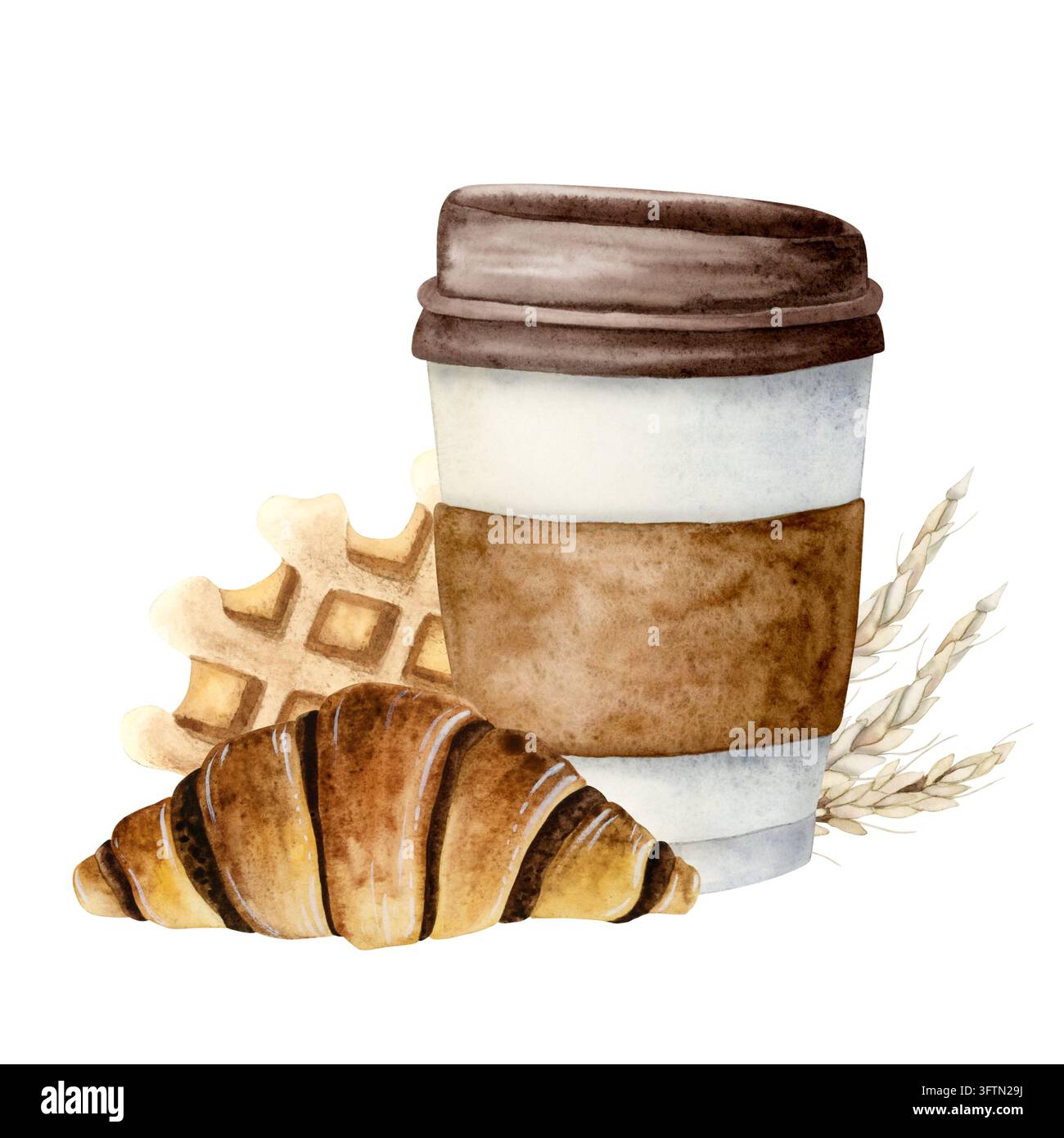 Coffee cup with chocolate croissant and waffle watercolor illustration ...
