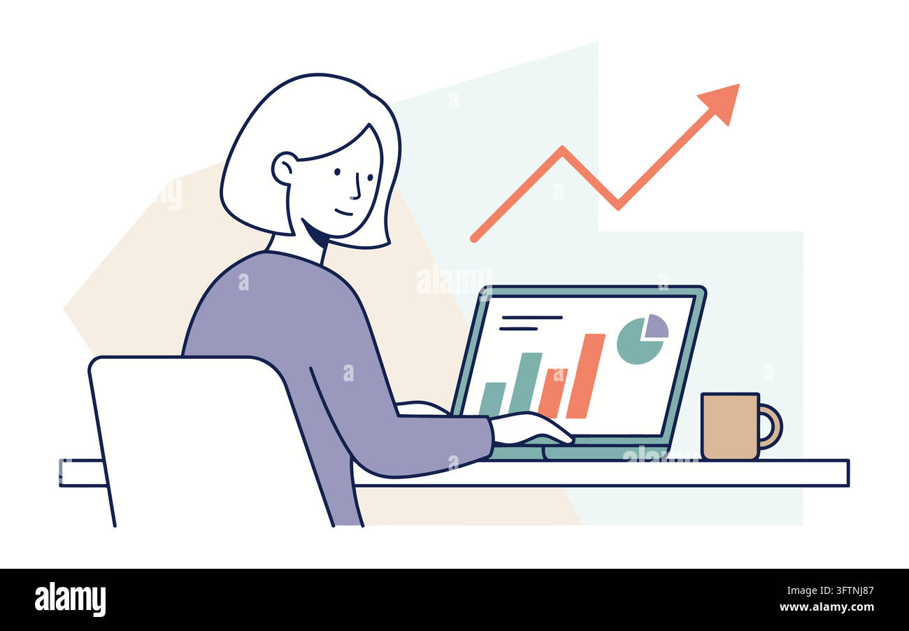 Woman working on laptop with rising business growth chart isolated on ...