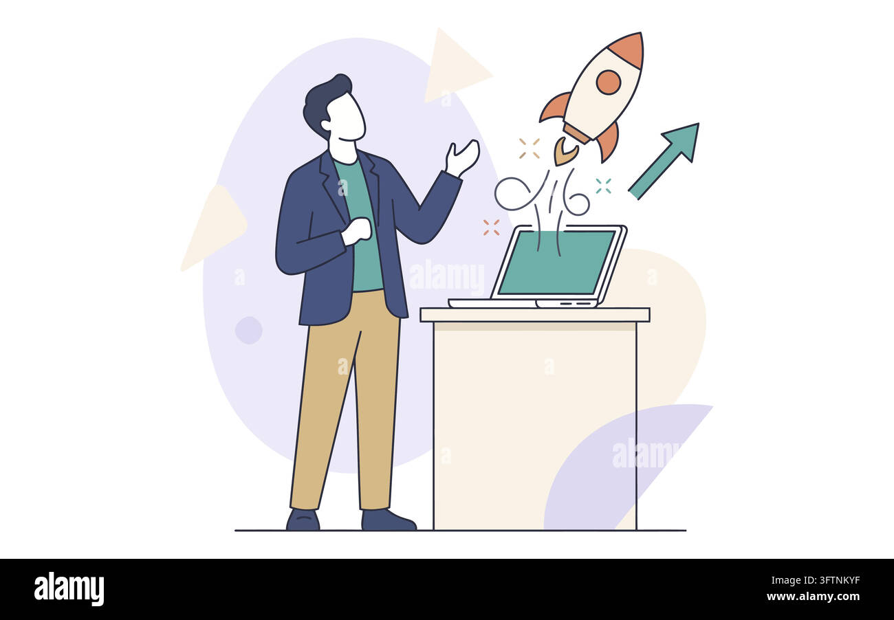 Business man launching a rocket from a laptop computer isolated on ...