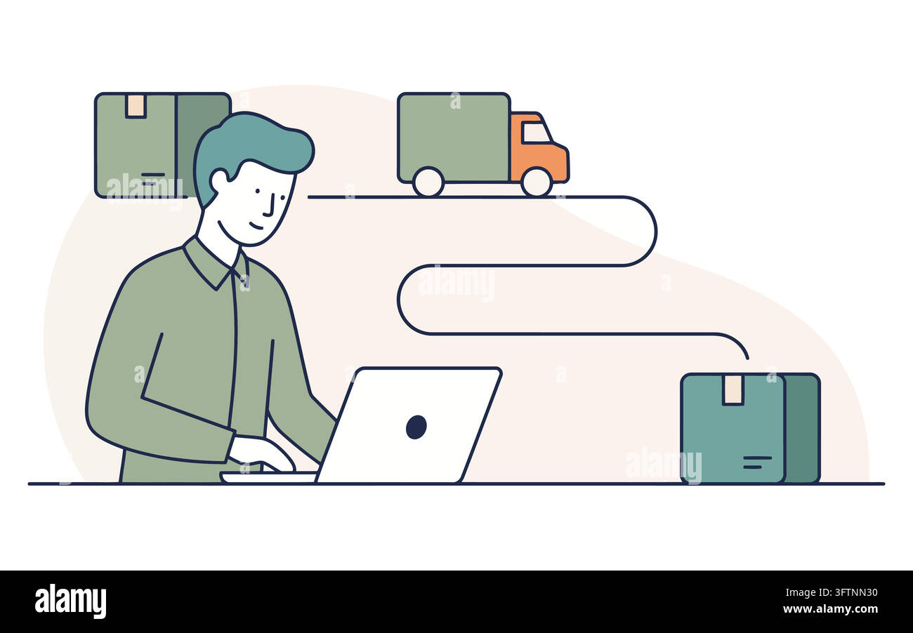 Man using laptop to track delivery of parcels and packages isolated on ...