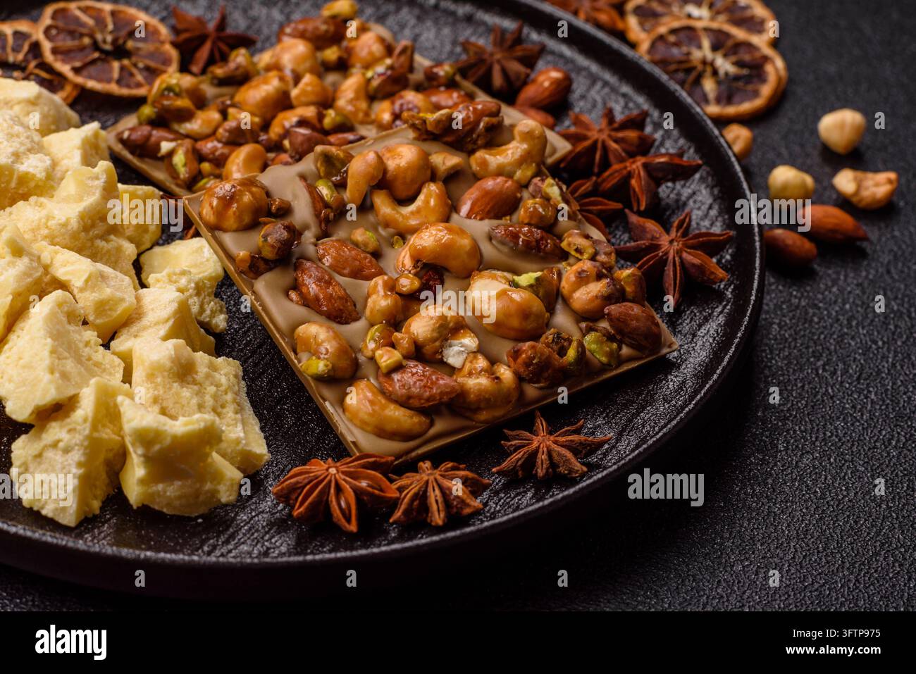 A bar of sugar free white chocolate with pistachios, almonds, and ...