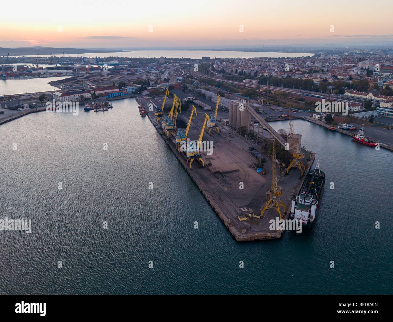 Aerial view of Port of Burgas with yellow industrial cranes, cargo ...