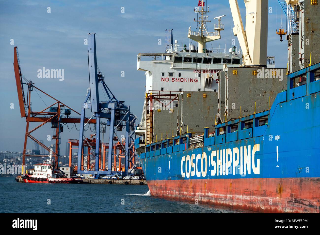 A COSCO Shipping cargo ship sits at a dock with cranes nearby in ...