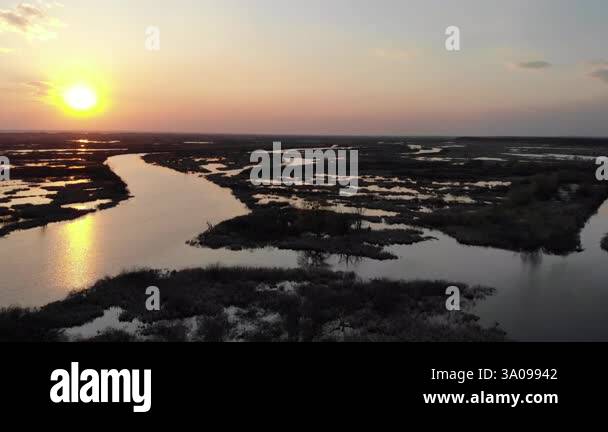 Sunset and River Landscape, Aerial Drone View of Sunrise Over River ...
