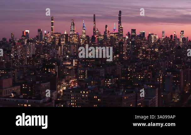 Aerial view of the New York City skyline at dusk. Shot in Harlem ...