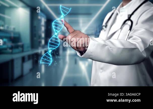 Close up of skilled doctor checking and looking at DNA holographic ...