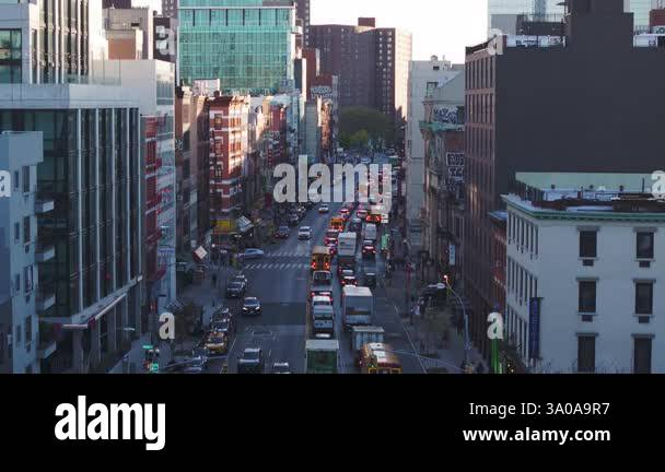 Overhead view revealing gridlocked Manhattan Lower East Side street ...