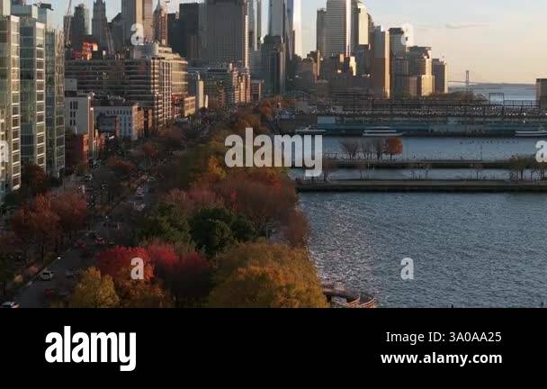 Aerial view of urban landscape of Harlem, Manhattan, with 7th Avenue ...