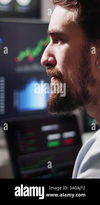 Vertical HD video of financial business trader man working analyzing ...