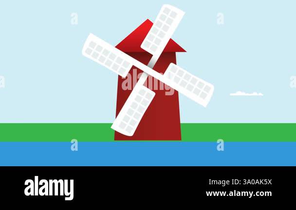 Windmill by the river with spinning blades. Animated illustration ...