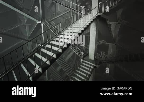 Brutalist style staircase maze in endless loop. Camera moves down. VJ ...