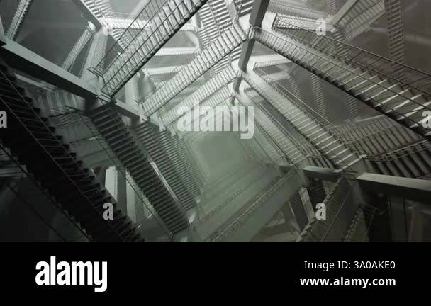 Brutalist style staircase maze in endless loop. Camera moves down. VJ ...