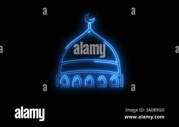Glowing neon line mosque dome shapes animation video on black ...
