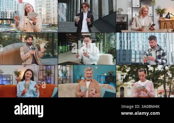 Collage of happy rich people men women holding smartphone counting ...