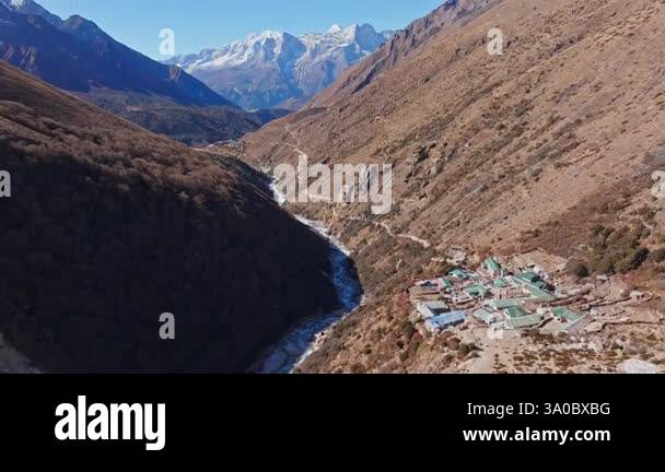 Towering Everest peaks rising above serpentine river winding through ...
