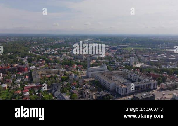 Kaunas cityscape with Christs Resurrection Church and Neris river. A ...
