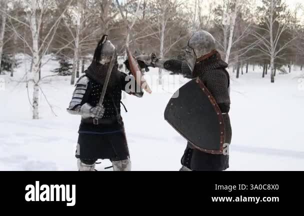 Battle of two medieval warriors. Fight of a knight and a Central Asian ...