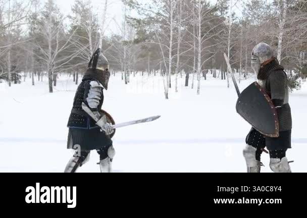 Battle of two medieval warriors. Fight of a knight and a Central Asian ...