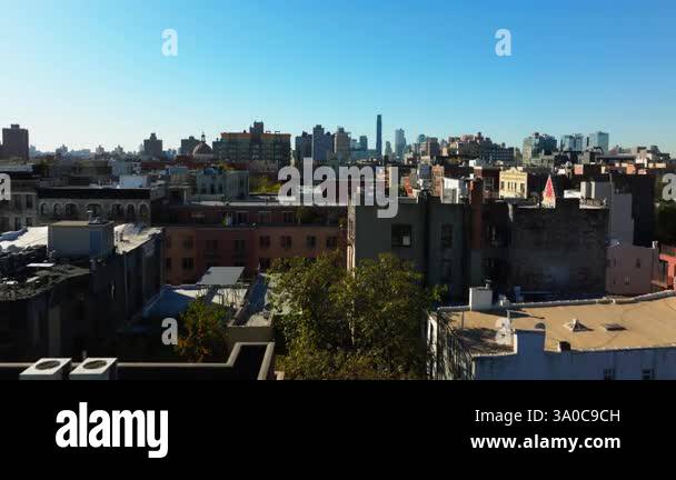 Aerial view of rooftops in a New York City neighborhood in Brooklyn ...