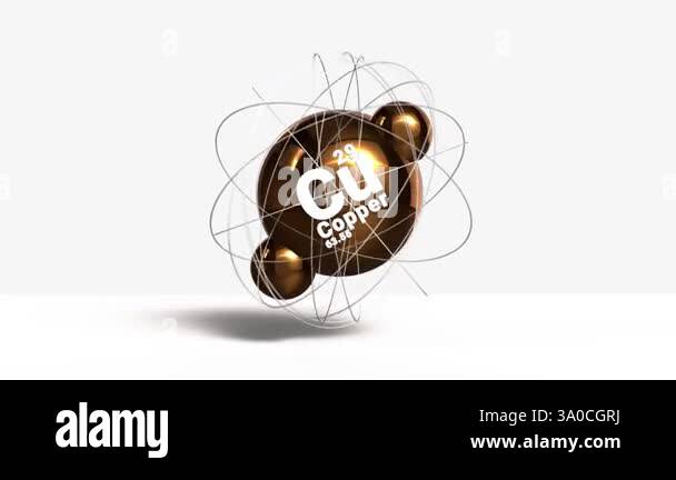 Copper Cu metal 3d atom animation element from periodic table on clean ...